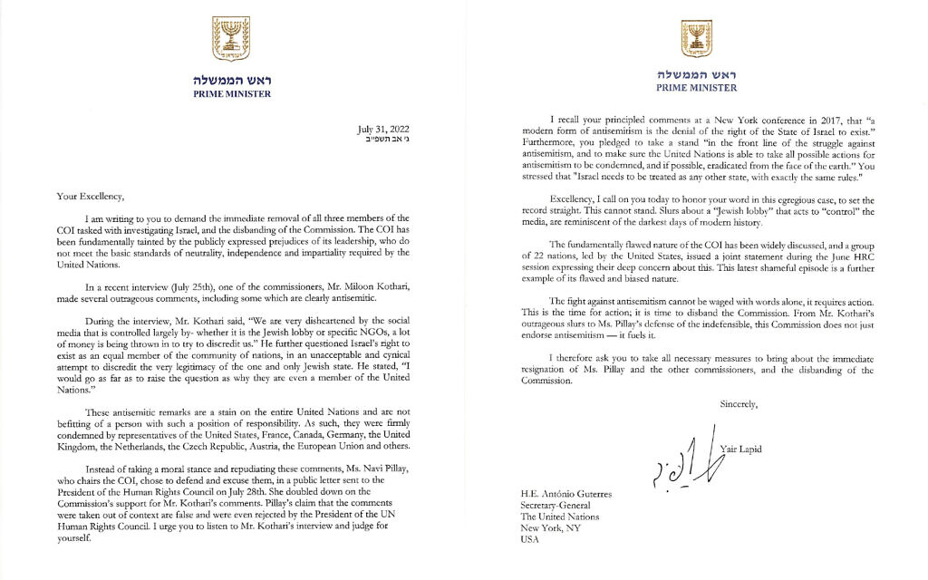 Lapid urges UN chief to disband 'tainted' Gaza probe over remarks ...